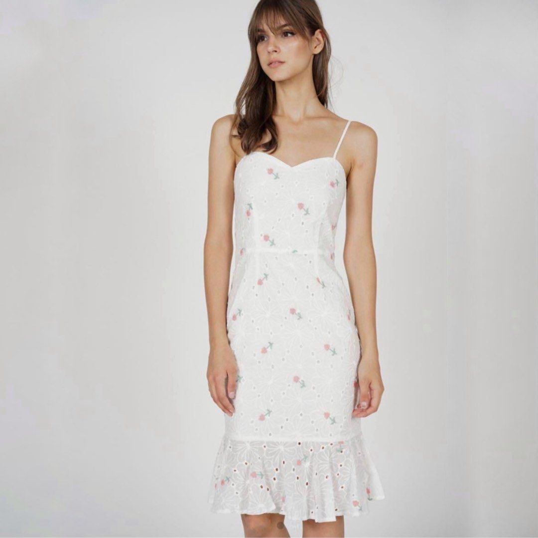 mds Gloria Mermaid Dress White Pink Floral Flower Eyelet Broderie Midi Ruffle One Strap Dress ...