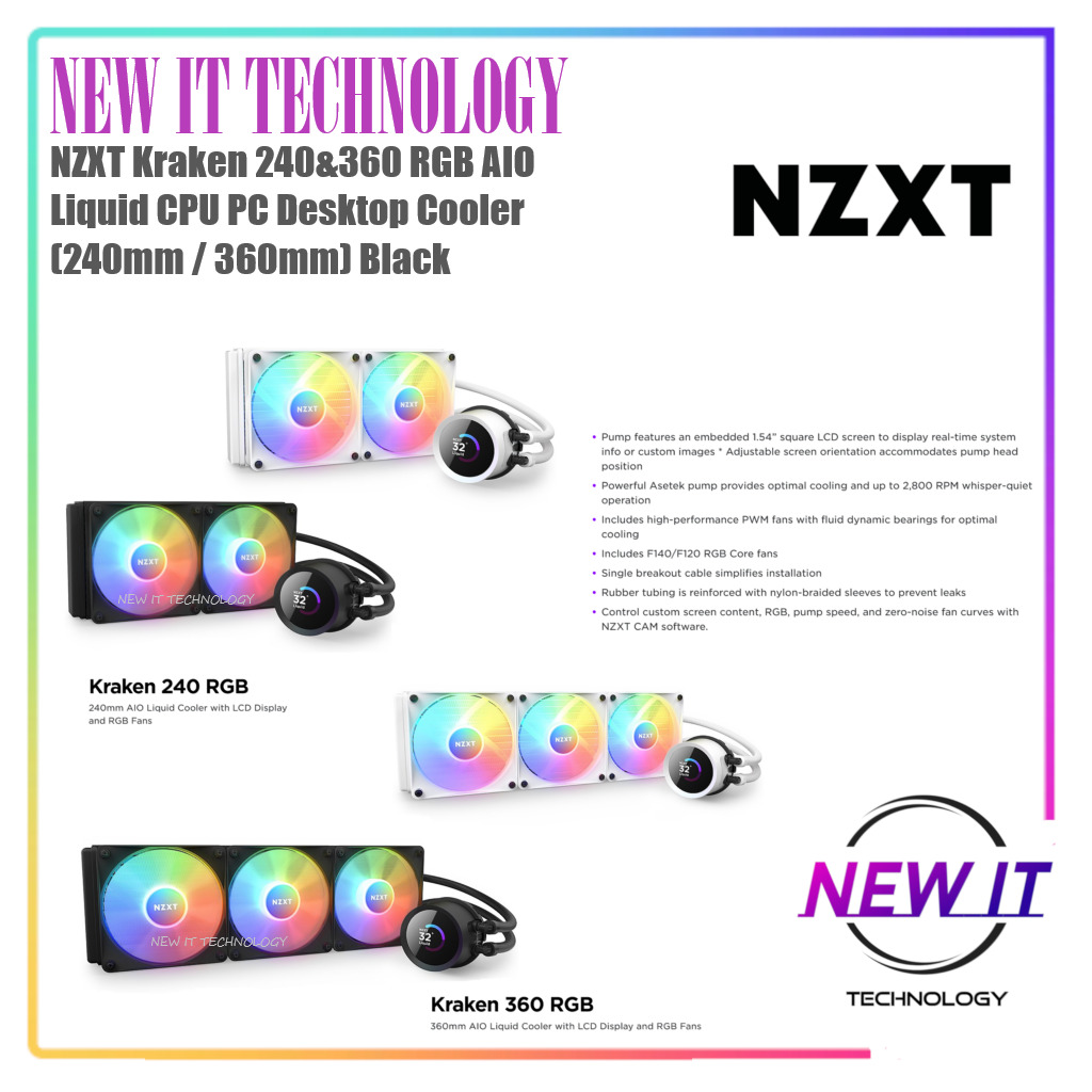 NZXT Kraken & Kraken Plus 240 & 360 RGB AIO Liquid CPU PC Desktop ...