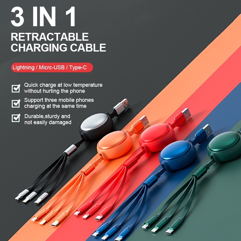 3 in 1 USB Retractable Fast Charging Cable for Micro / Type-C Universal ...