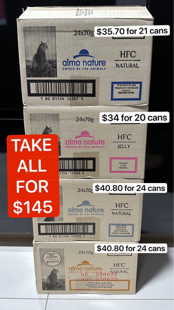Almo Nature HFC Natural / Jelly Tuna Whitebait Salmon Clams carton, Pet ...