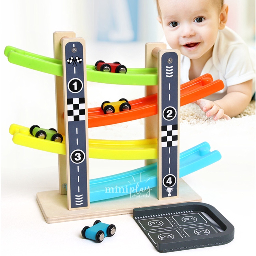 Car Track Race Ramp Racer Wooden Cars Kids Educational Toddler, Hobbies ...