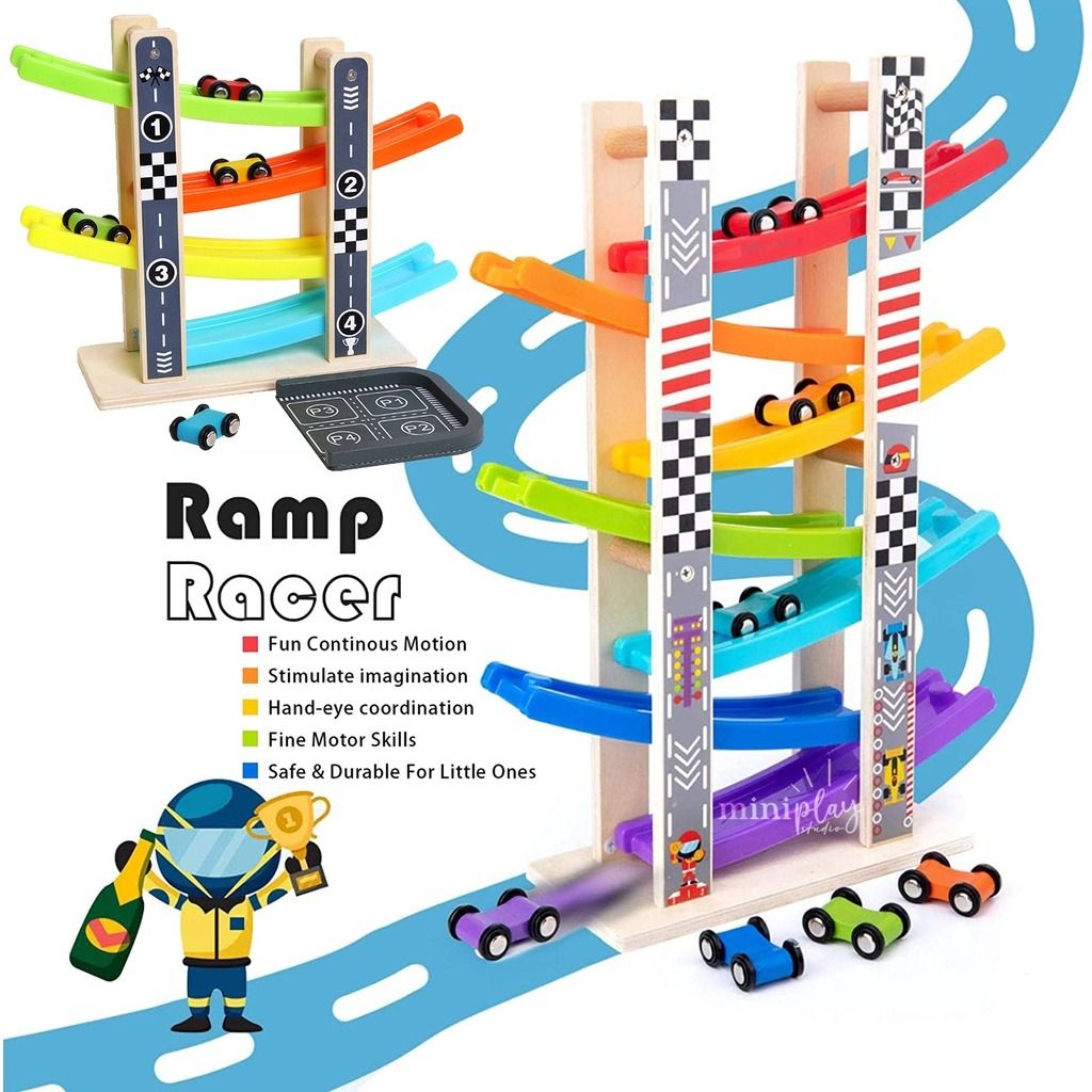 Car Track Race Ramp Racer Wooden Cars Kids Educational Toddler, Hobbies ...