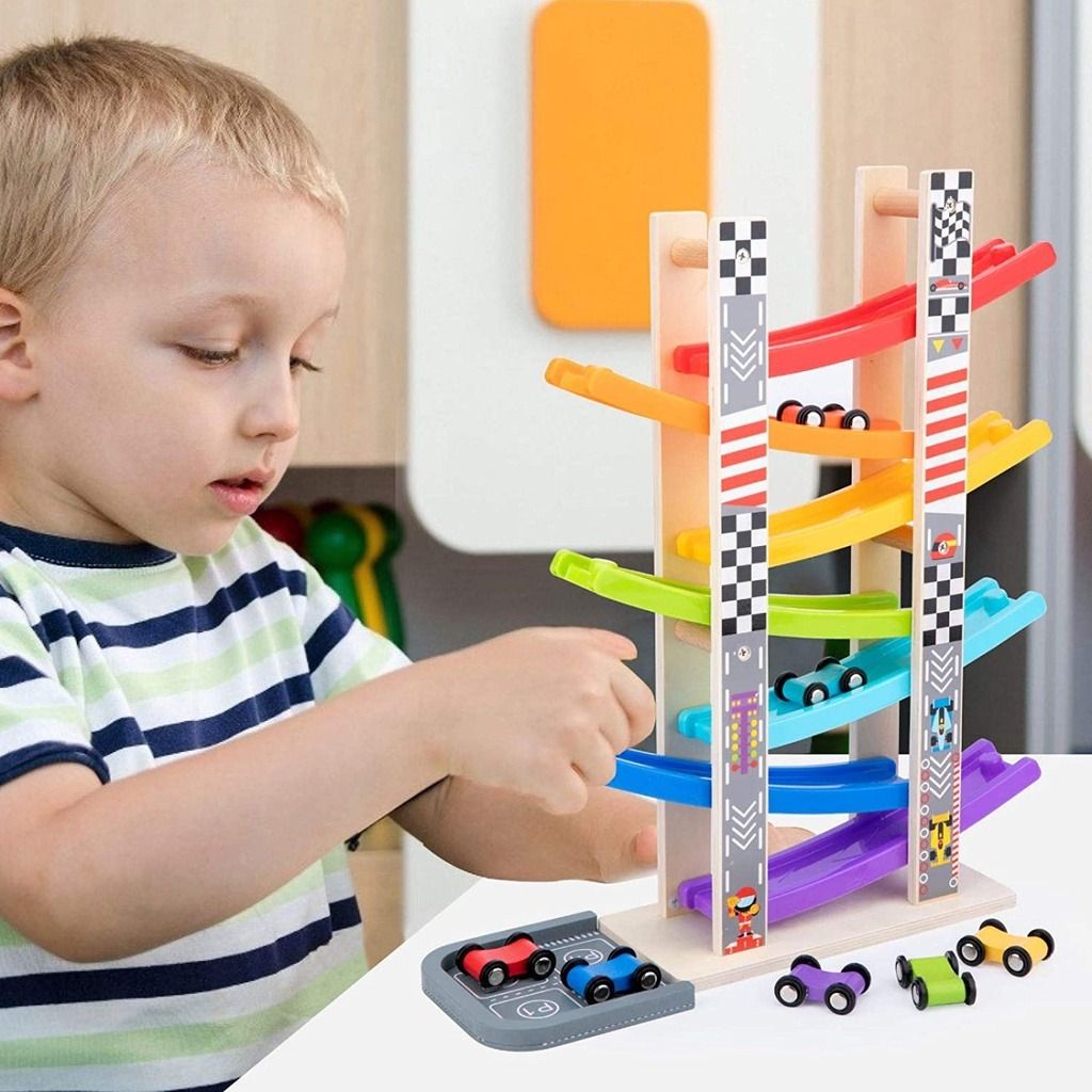 Car Track Race Ramp Racer Wooden Cars Kids Educational Toddler, Hobbies ...