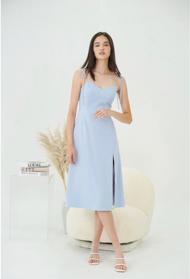MIKALYA MONET V3 TIE SHOULDER MIDI DRESS in SKY BLUE, Women's Fashion ...