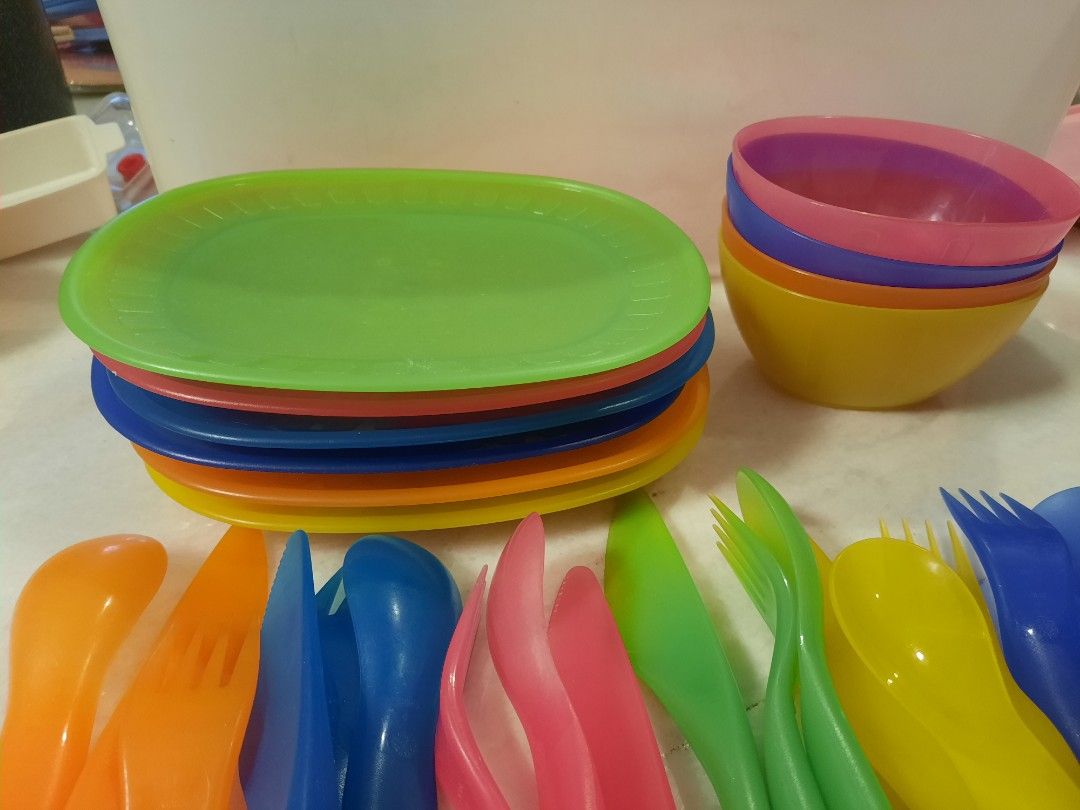 Multicoloured Plastic Toy Plates, Bowls and utensils (missing 2 bowls ...