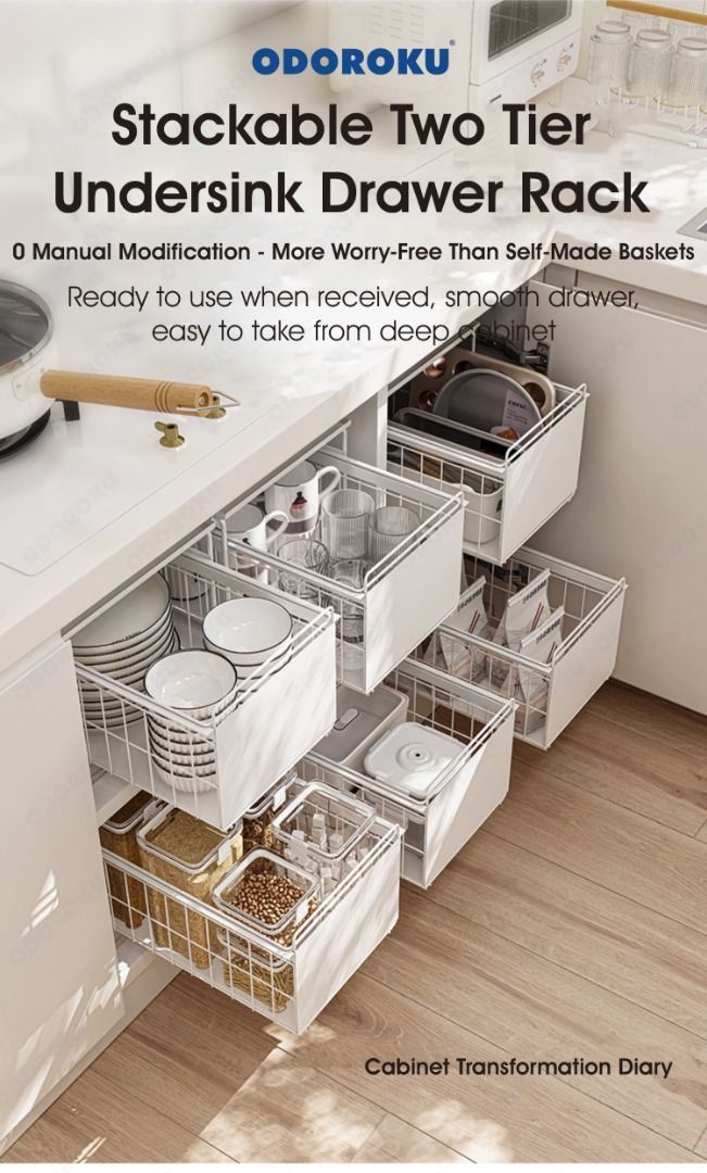 ODOROKU Stackable 2-Tier Under Sink Cabinets Organizer with Sliding ...