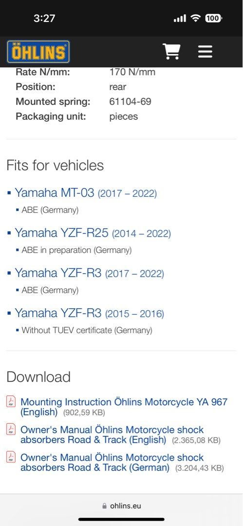 Ohlins STX Suspension YA967- Yamaha R25/R3/MT3 (2016 to 2023 ...
