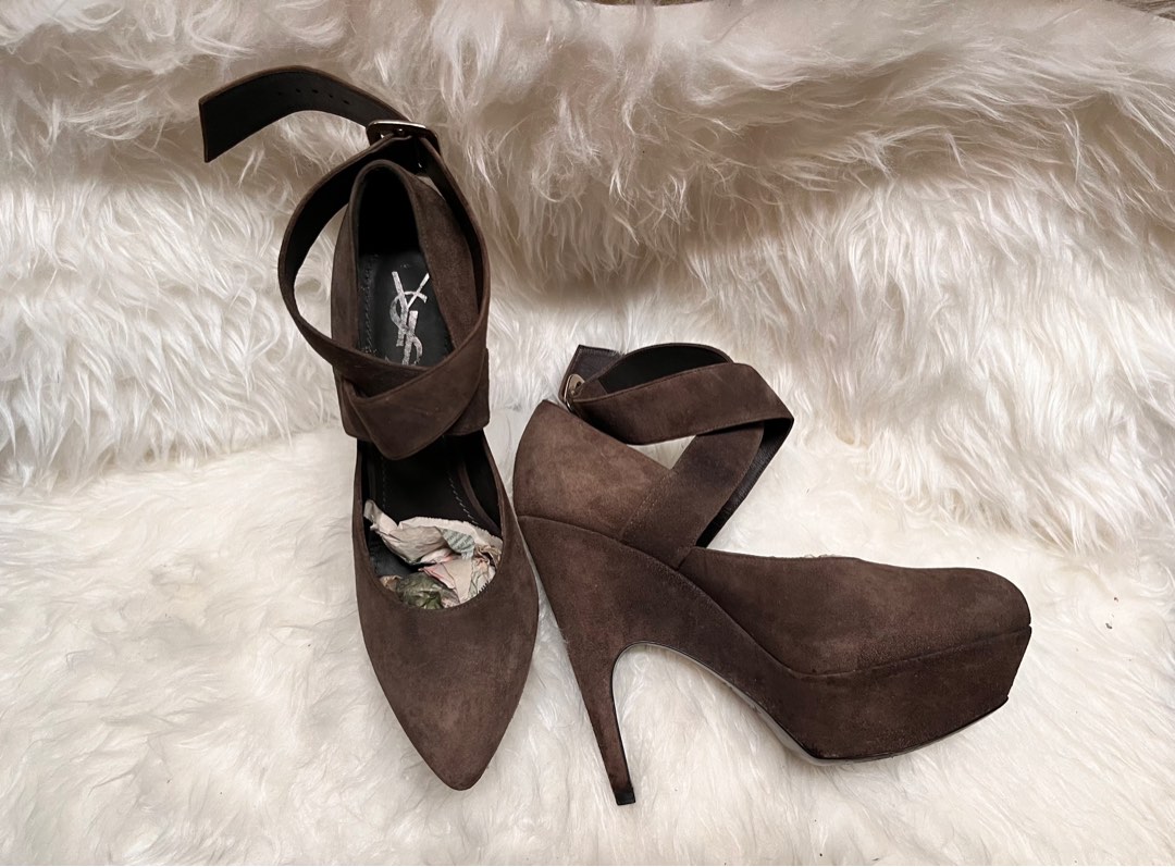 YSL Brown Suede Imperiale Strap Ankle Platform Pump, Fesyen Wanita ...