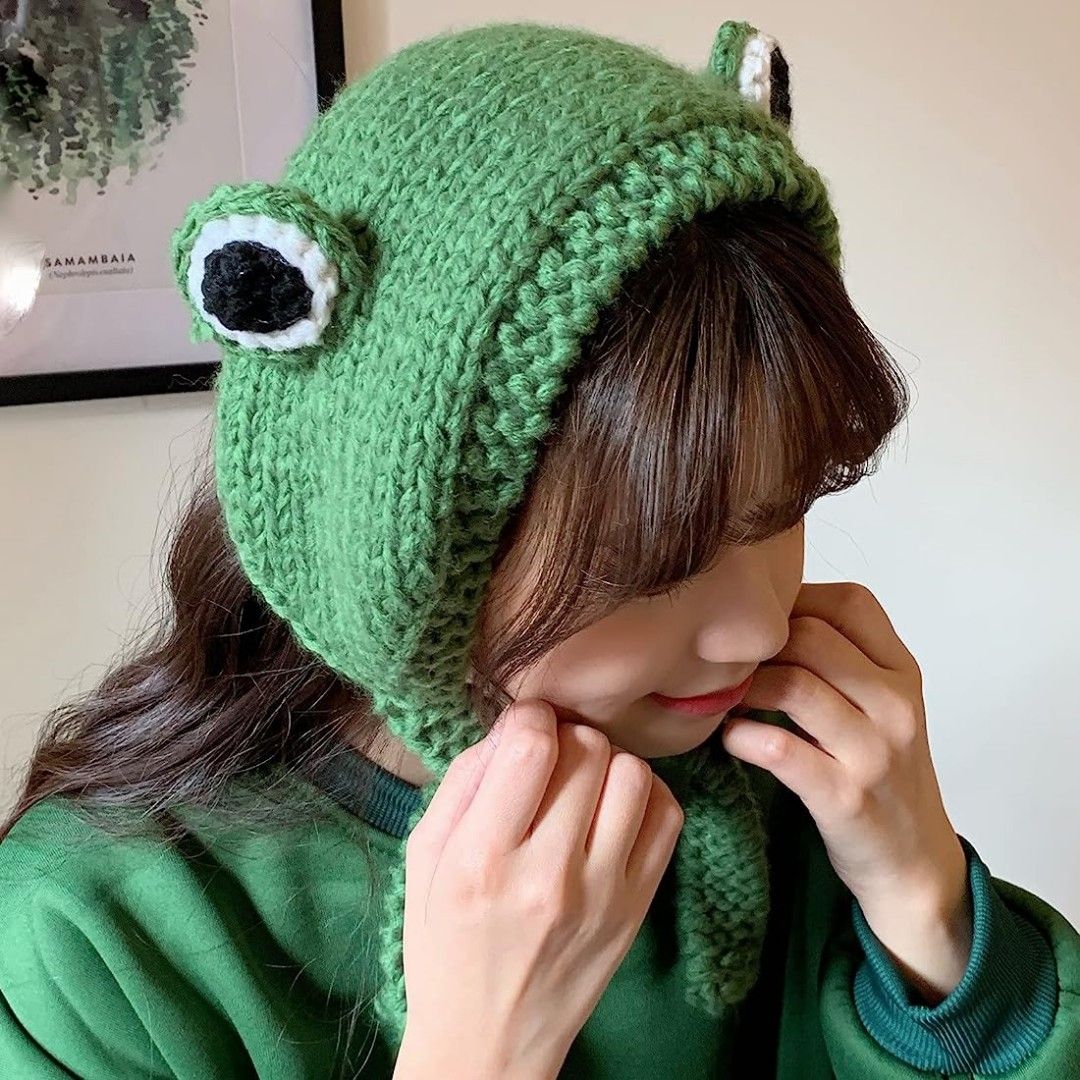 Green Frog knitted Crochet Hat Warmer Bennie Caps on Carousell