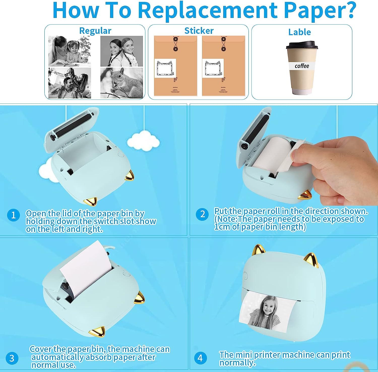 HuiJuKeJi Mini Sticker Printer Pocket Inkless Thermal Printer with RGB ...