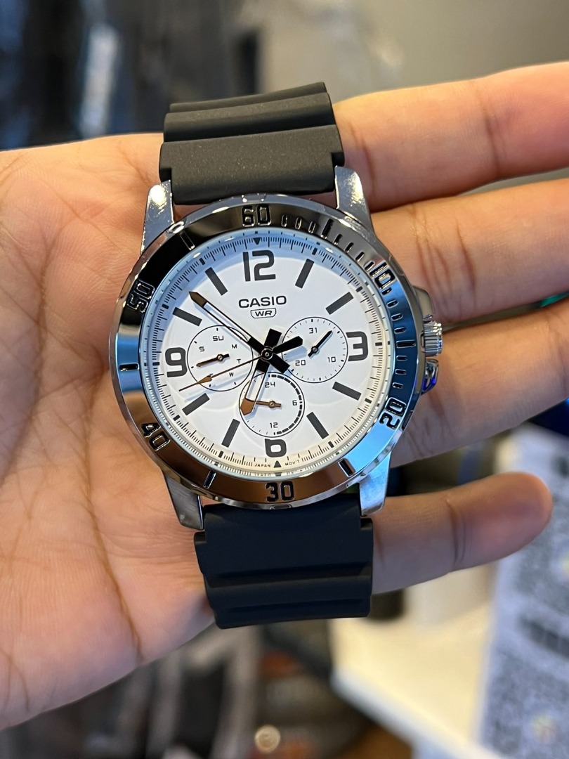 ORIGINAL CASIO Chronograph White Dial BLACK Resin Band Men's Watch MTP ...