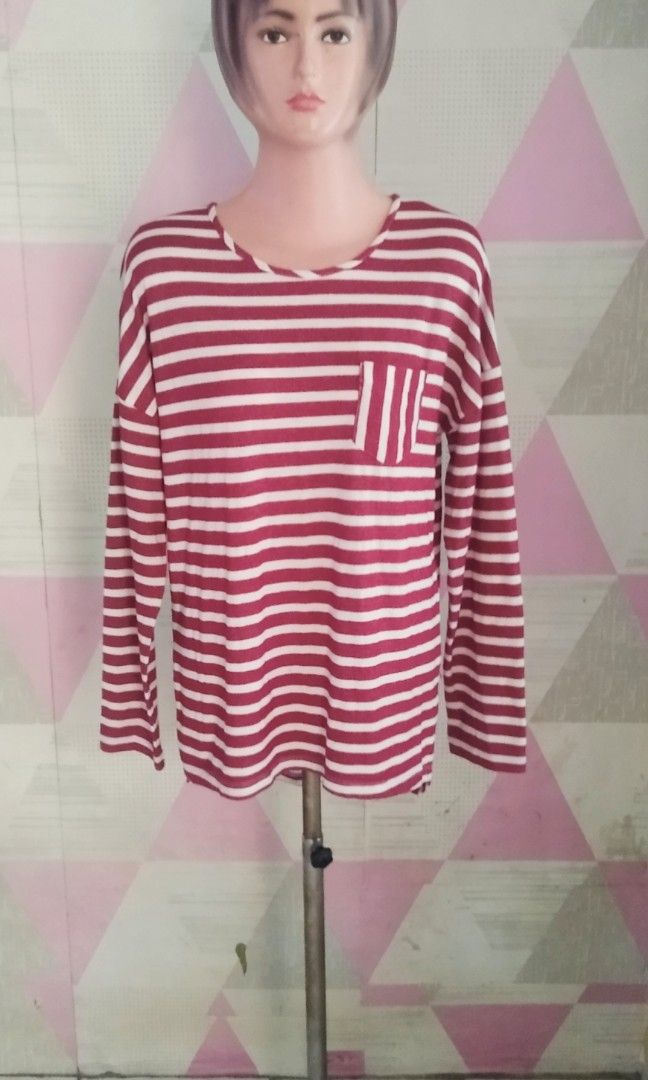 PL/PRELOVED ATASAN/KAOS LENGAN PANJANG MOTIF GARIS2/SALUR WARNA MERAH ...