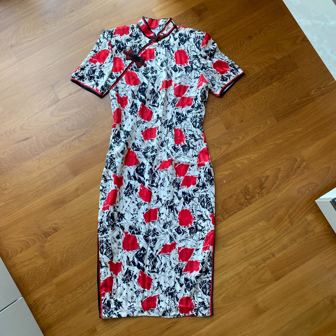 Vintage 1980s Cream White and Red Abstract Cheongsam Qipao Dress, Women ...