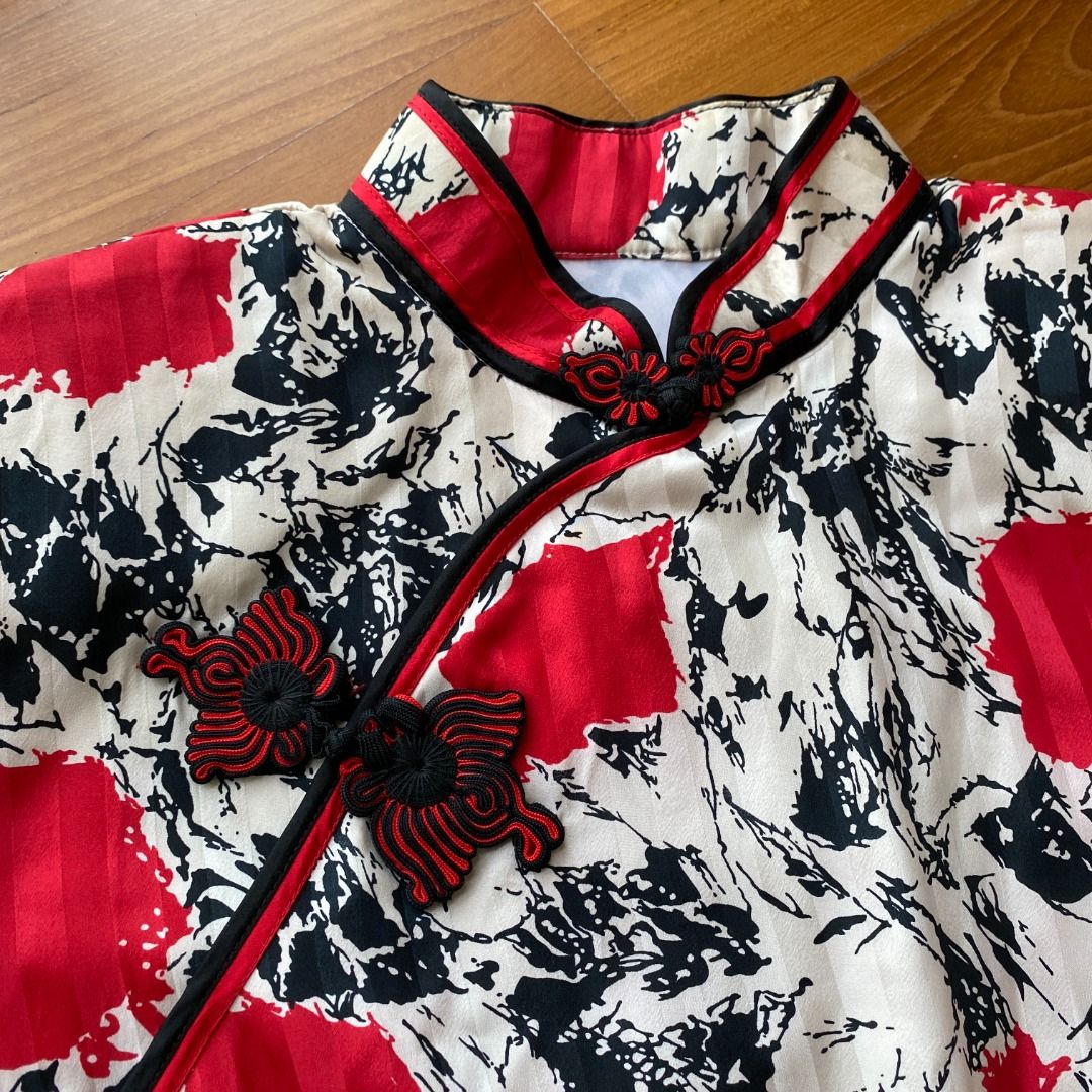 Vintage 1980s Cream White and Red Abstract Cheongsam Qipao Dress, Women ...