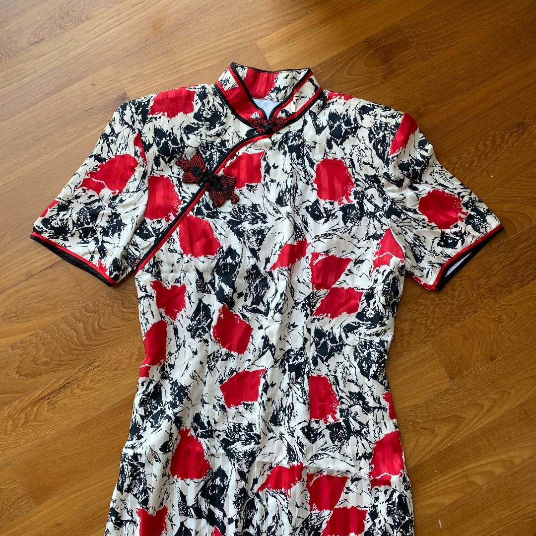 Vintage 1980s Cream White and Red Abstract Cheongsam Qipao Dress, Women ...