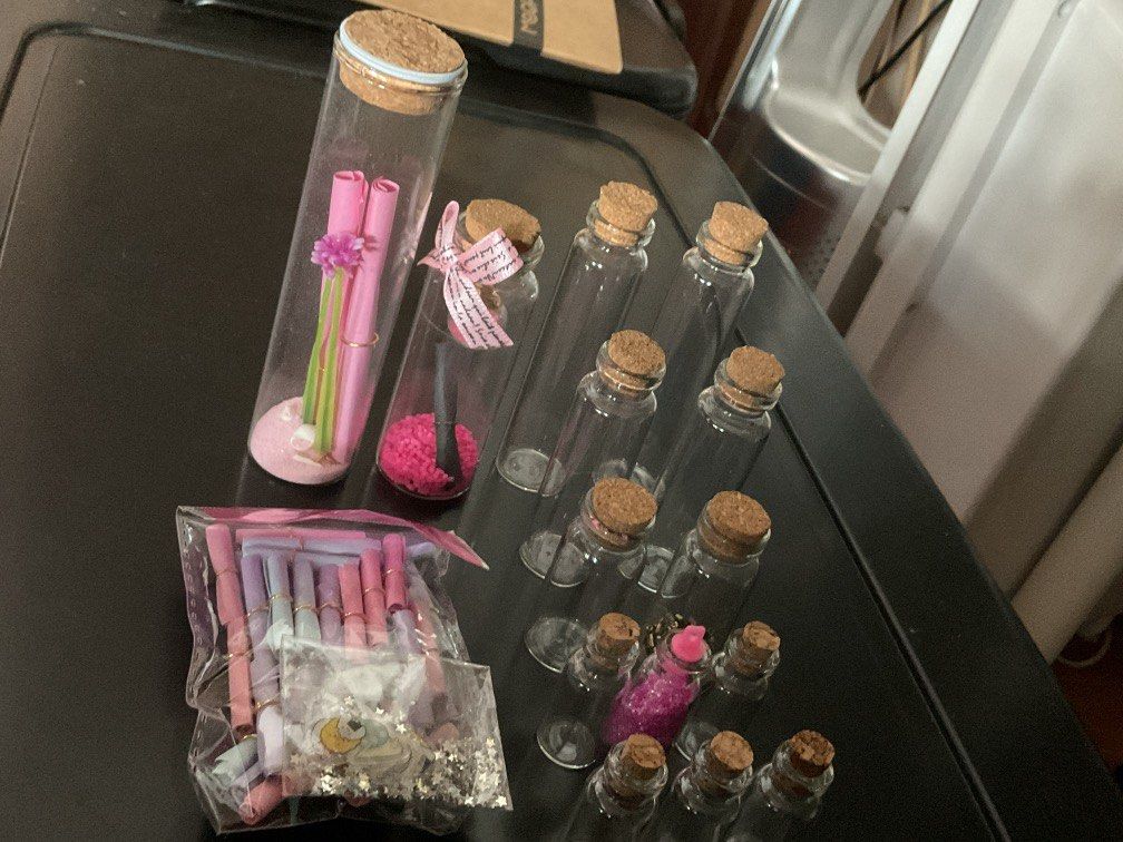 14 glass bottles and messages paper rolls & stickers , glitters ...