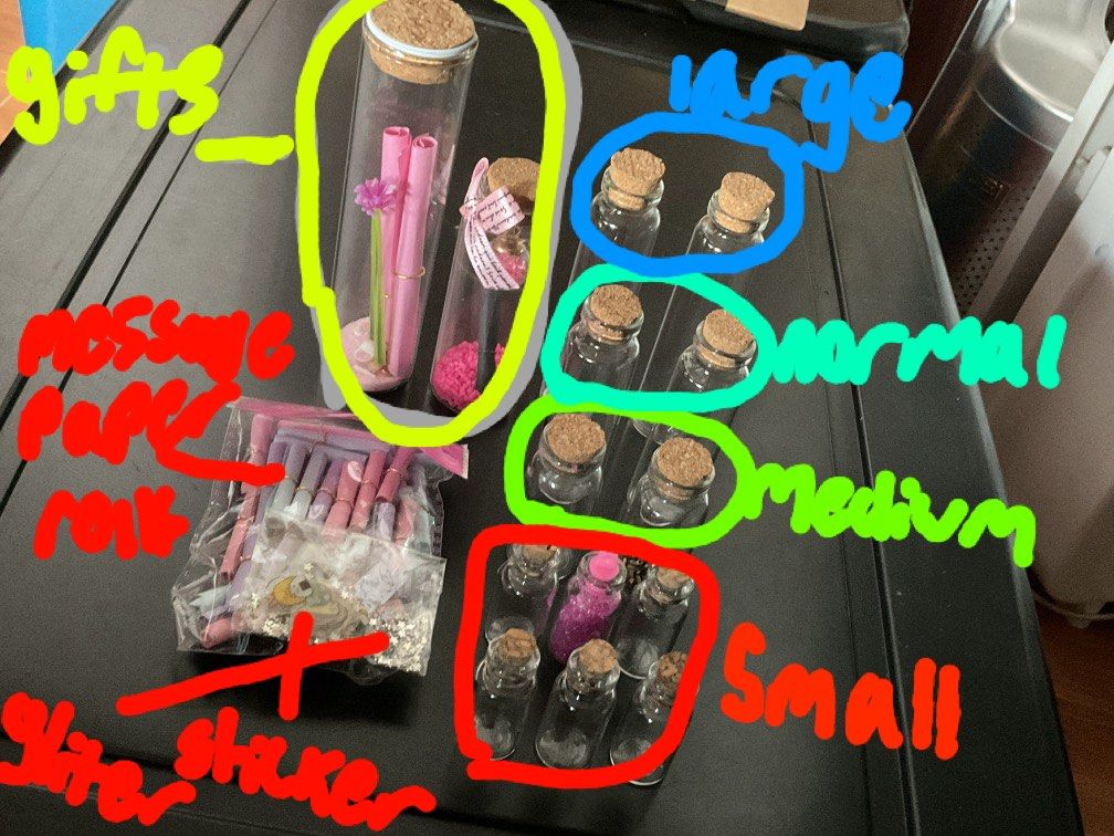 14 glass bottles and messages paper rolls & stickers , glitters ...