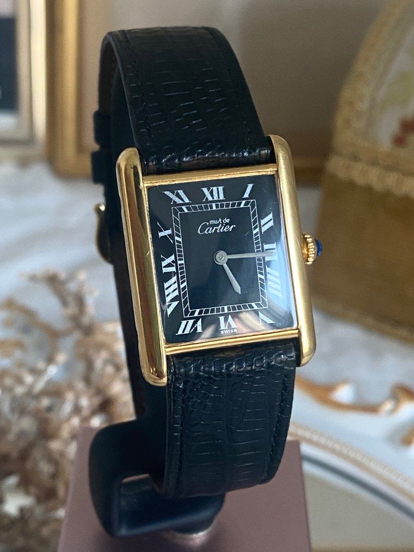Cartier Tank Black Dial Hand Manual Winding Wrist Watch LM Vintage ...