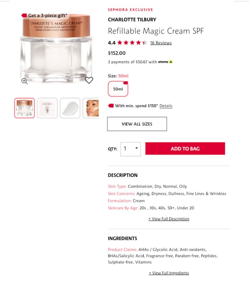 Charlotte Tilbury Magic Cream Instant Turnaround Moisturizer SPF 15 PA+ ...