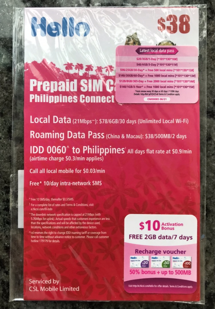 CSL Hello Prepaid SIM Card Philippines Connect, 手提電話, 電話及其他裝置配件, Sim 卡 ...