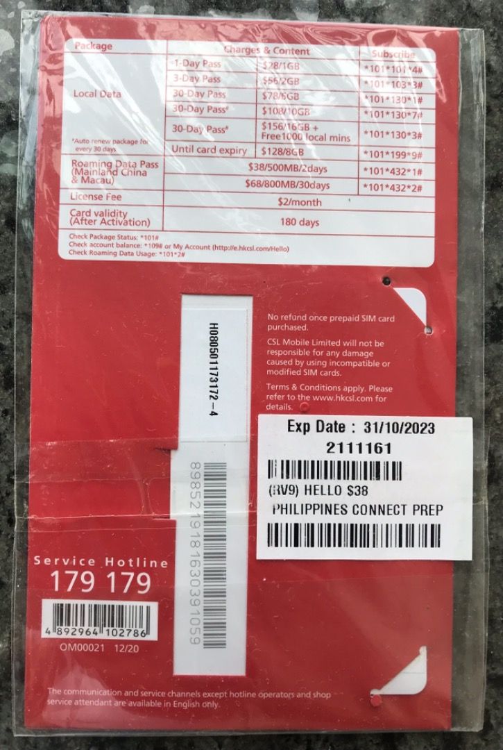 CSL Hello Prepaid SIM Card Philippines Connect, 手提電話, 電話及其他裝置配件, Sim 卡 ...