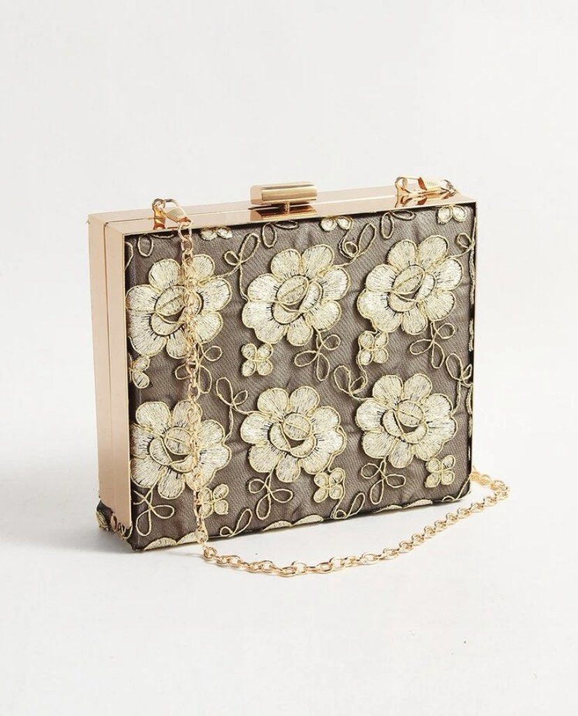 Elegant Embroidered Gold Box Bag Clutch with detachable gold chain ...