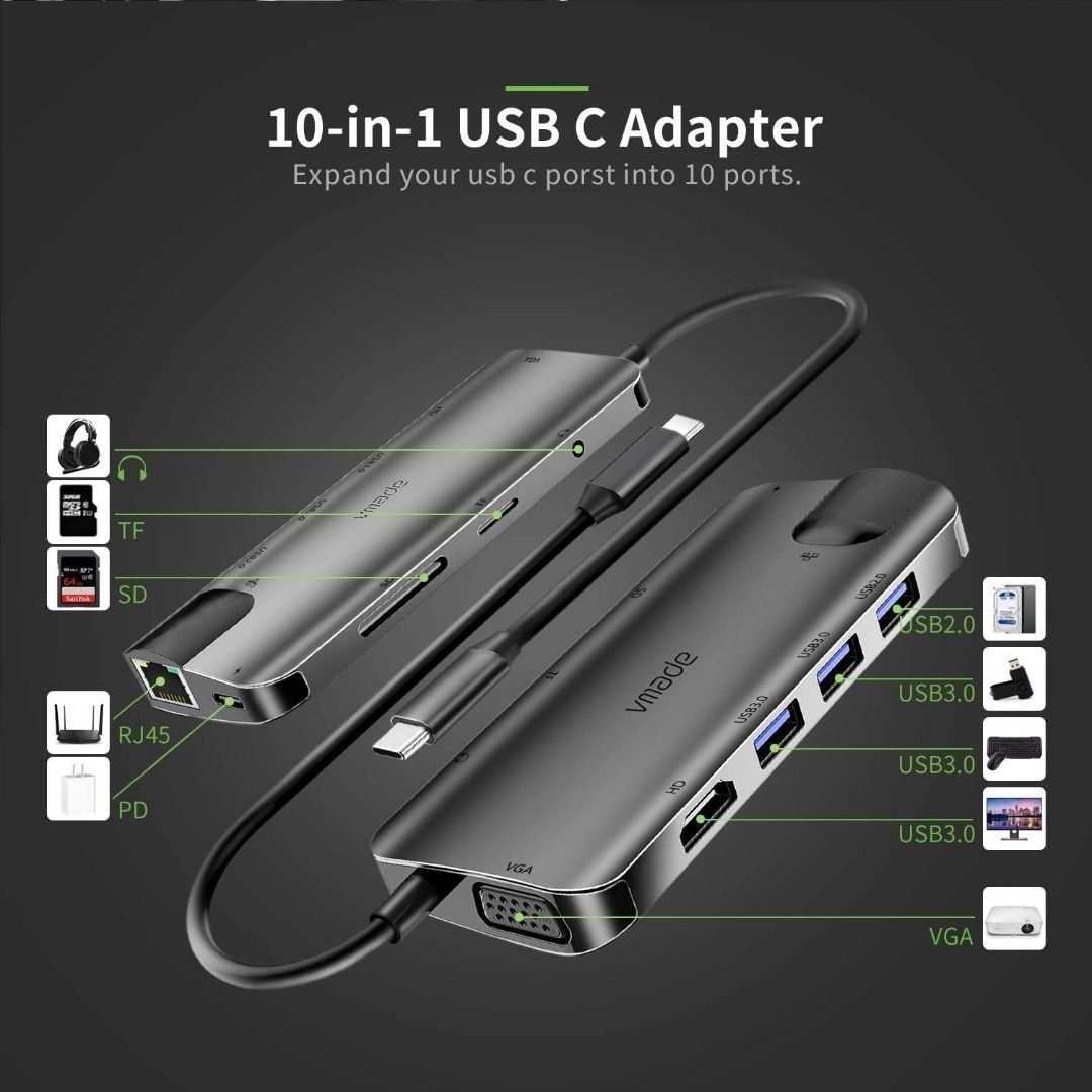 [K0044] USB C hub,10-in-1 Vmade Type C Hub Adapter,with 4K HDMI, VGA ...