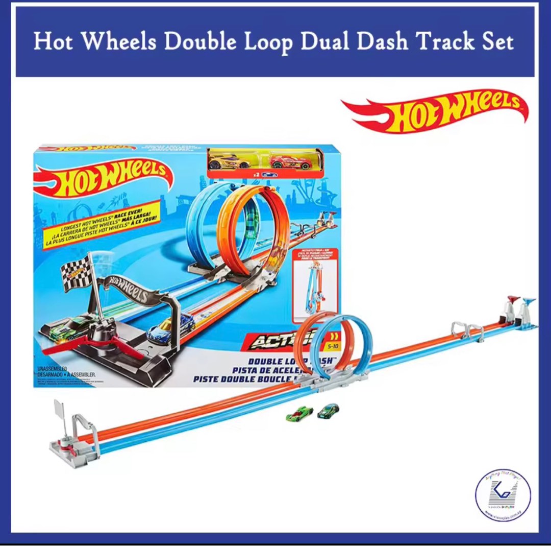 Mattel Hot Wheels Double Loop Dual Dash Track Set With 2 Vehicles ...