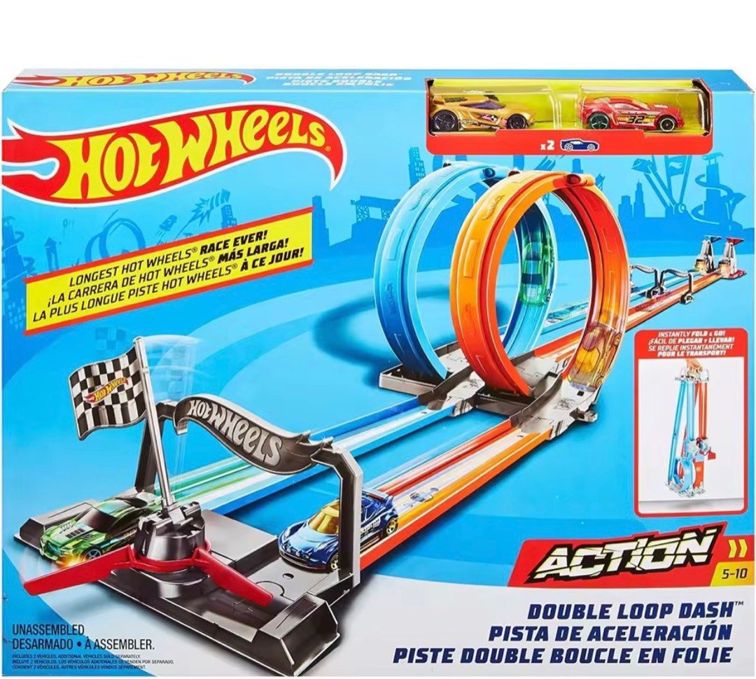 Mattel Hot Wheels Double Loop Dual Dash Track Set With 2 Vehicles ...
