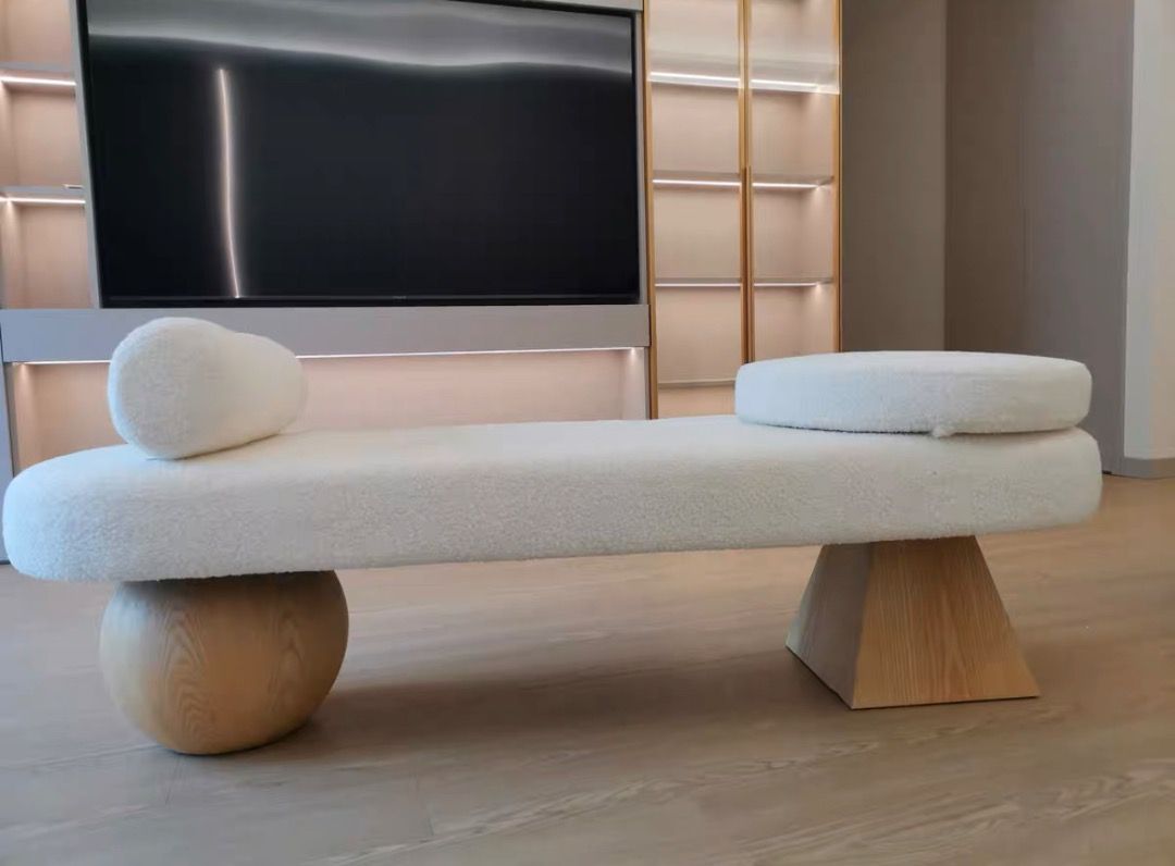 PLOLE Modern Boucle Wood Bench, Furniture & Home Living, Furniture ...