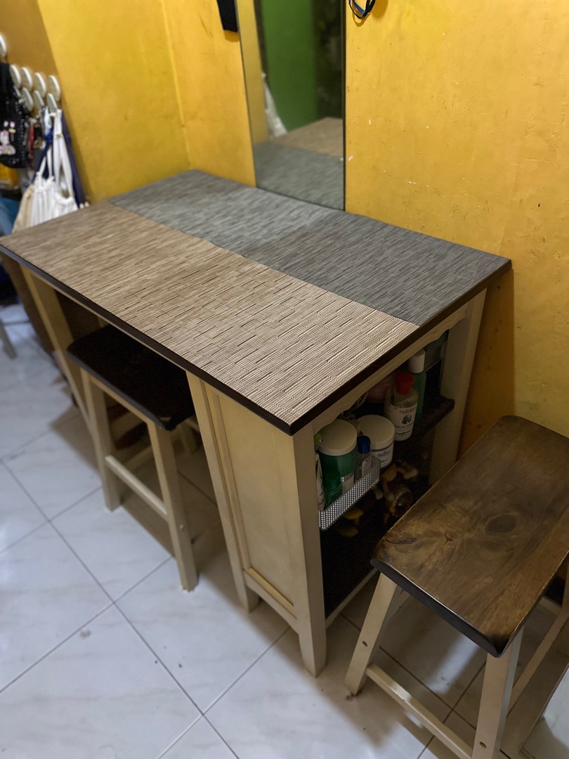 Vanity / Study Table with 2 stools and side shelves on Carousell