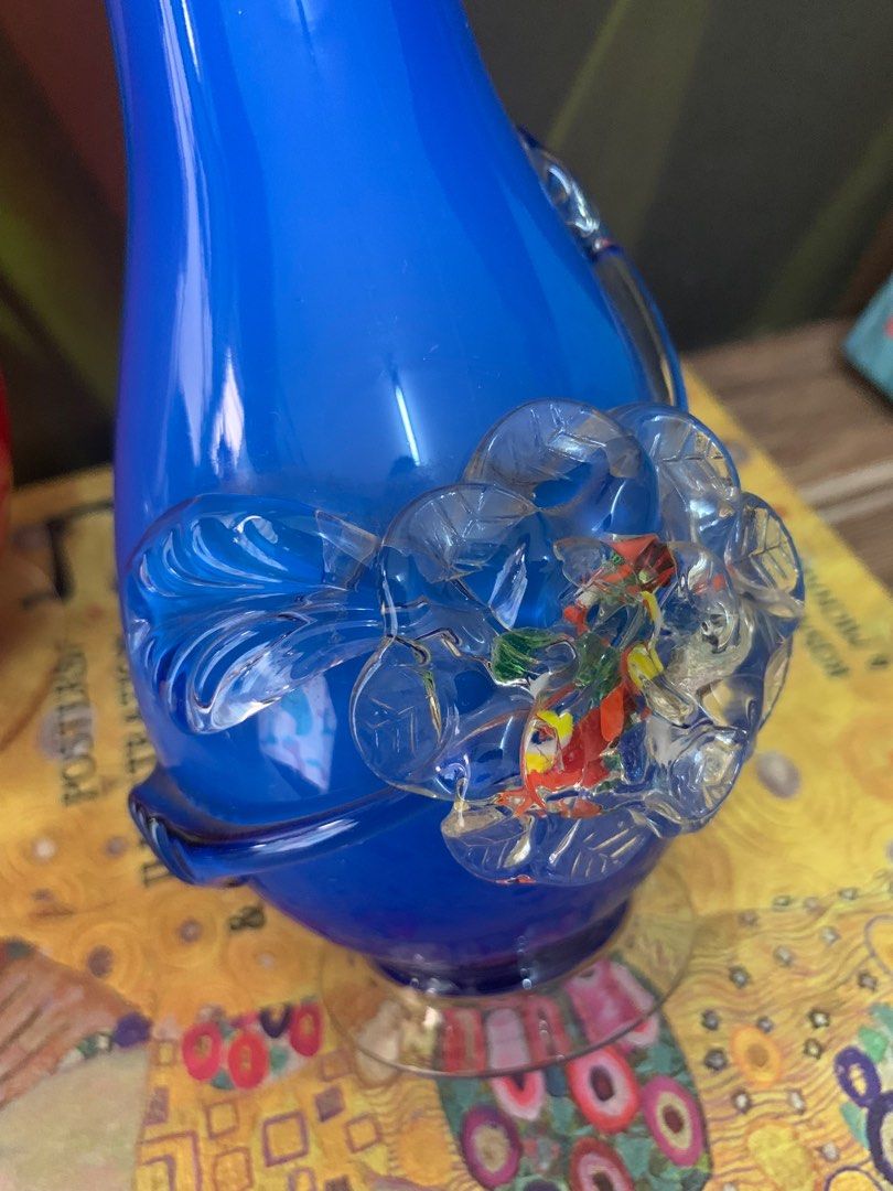 Vintage Hand Blown Blue Cased Pontil Art Glass Vase Featuring Ruffle Top And Clear Applied Glass