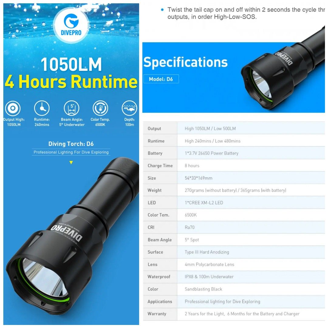潛水電筒 Divepro DiveTorch, 運動產品, 其他運動配件 - Carousell