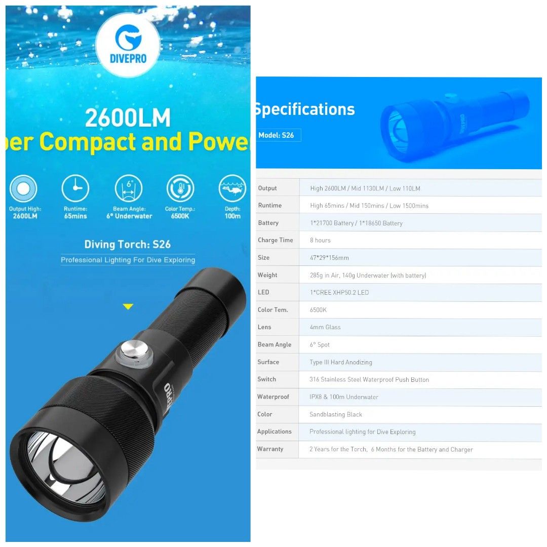 潛水電筒 Divepro DiveTorch, 運動產品, 其他運動配件 - Carousell