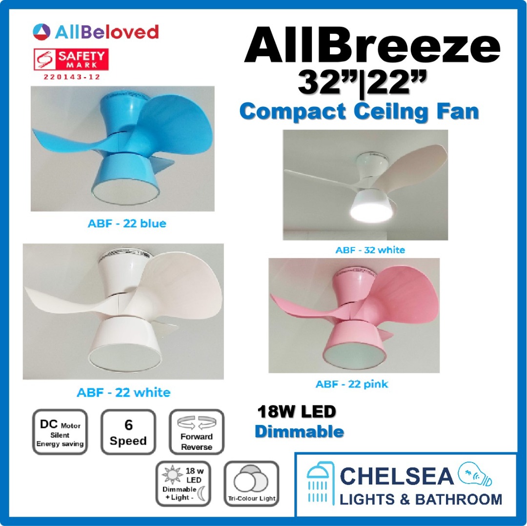 AllBreeze Compact Small Ceiling Fan DC Motor 18W led light dimmable 22 ...