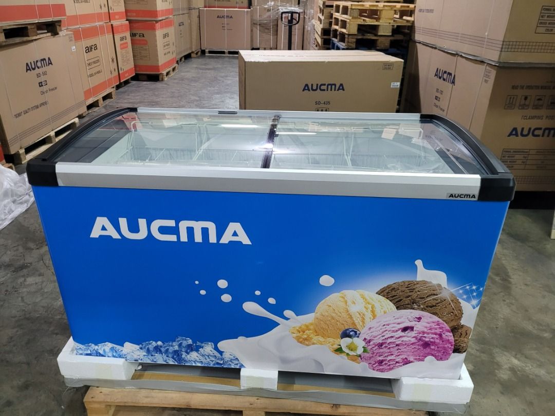 Aucma SD-435 Commercial Chest Freezer Sliding Glass Door Poultry Butchery Frozen Meat Finger ...
