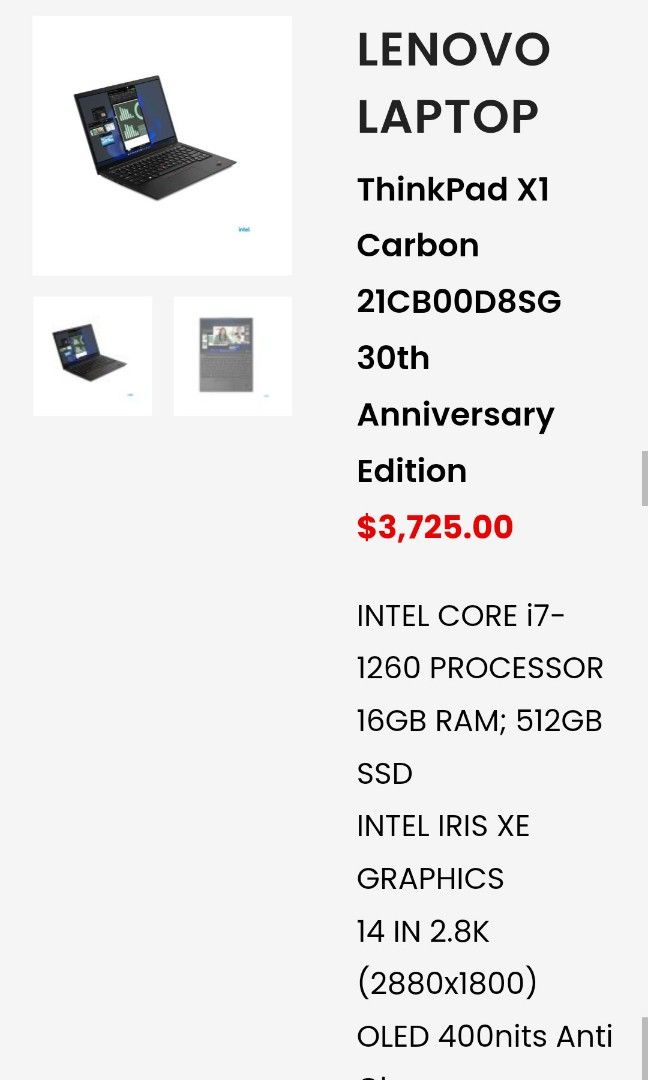 LENOVO LAPTOP ThinkPad X1 Carbon 21CB00D8SG 30th Anniversary Edition ...