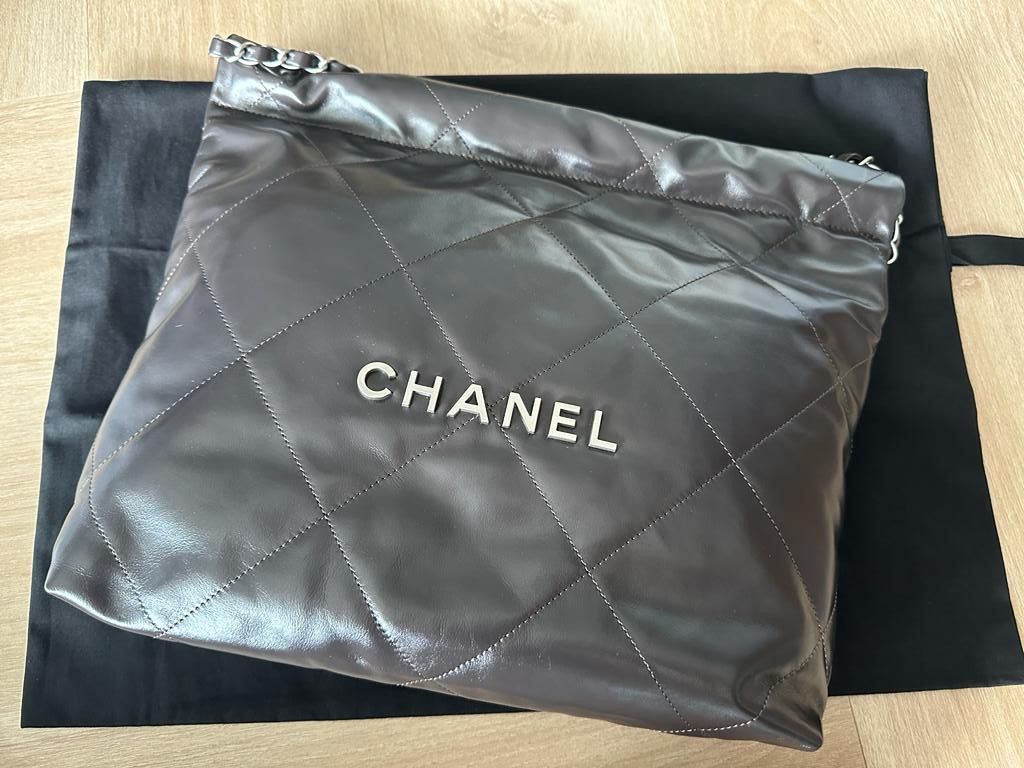Rare Dark Brown Chanel 22 Small in Shiny Calfskin and Silver Leather ...