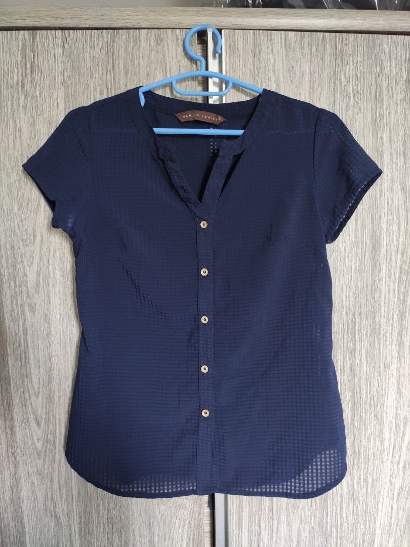 Samlin Ladies small office work semi formal blouse button down navy ...