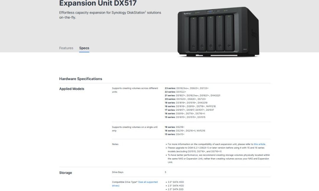 SYNOLOGY DX517 5-BAY EXPANSION UNIT ENCLOSURE FOR DS723+/DS923+/DS1522 ...