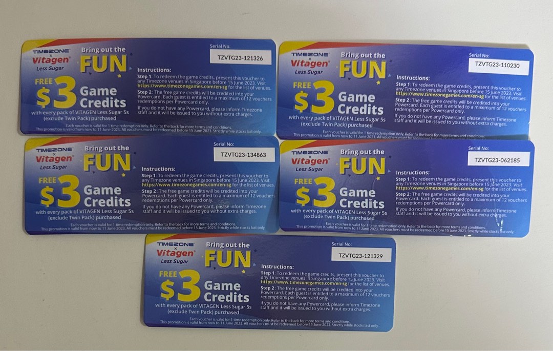 TimeZone $3 Game credits set, Tickets & Vouchers, Vouchers on Carousell