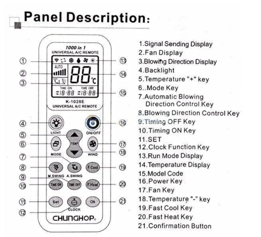 Universal Remote Control AC for Air Conditioning K1028E, TV & Home ...