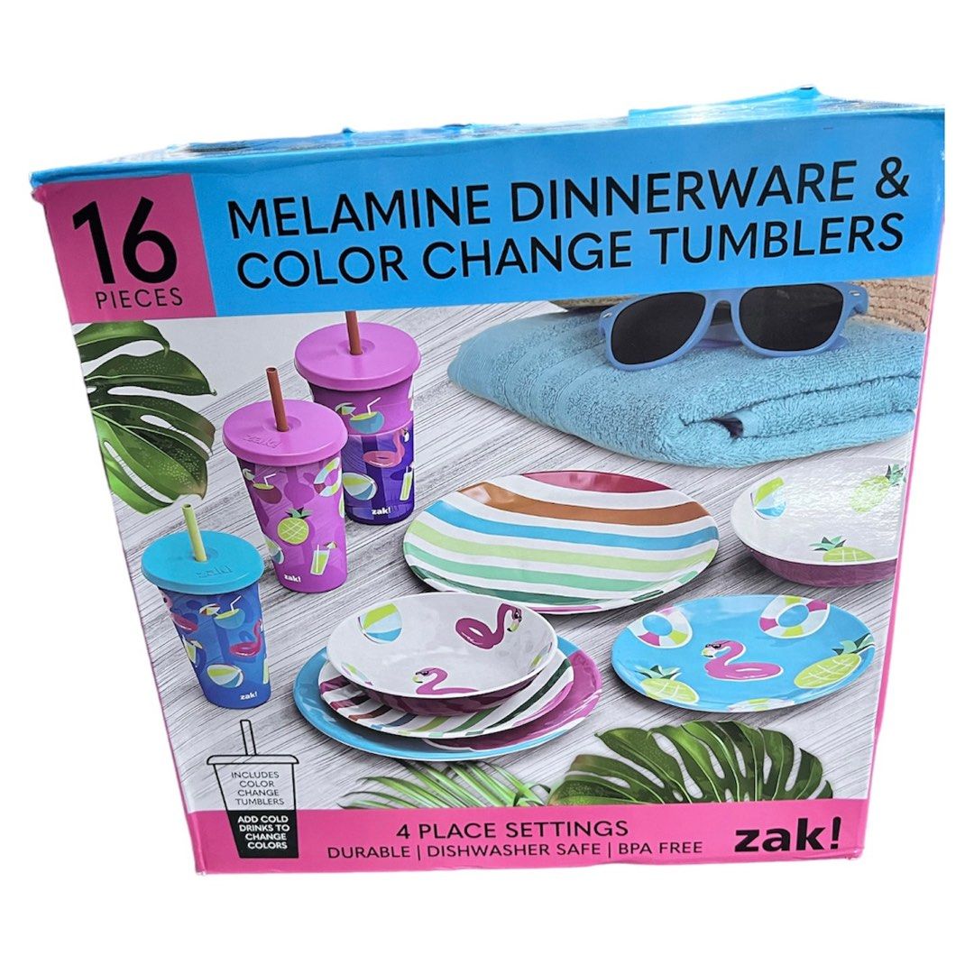 Zak Designs 16 Pieces Melamine Dinnerware & Color Change Tumblers (SRP ...