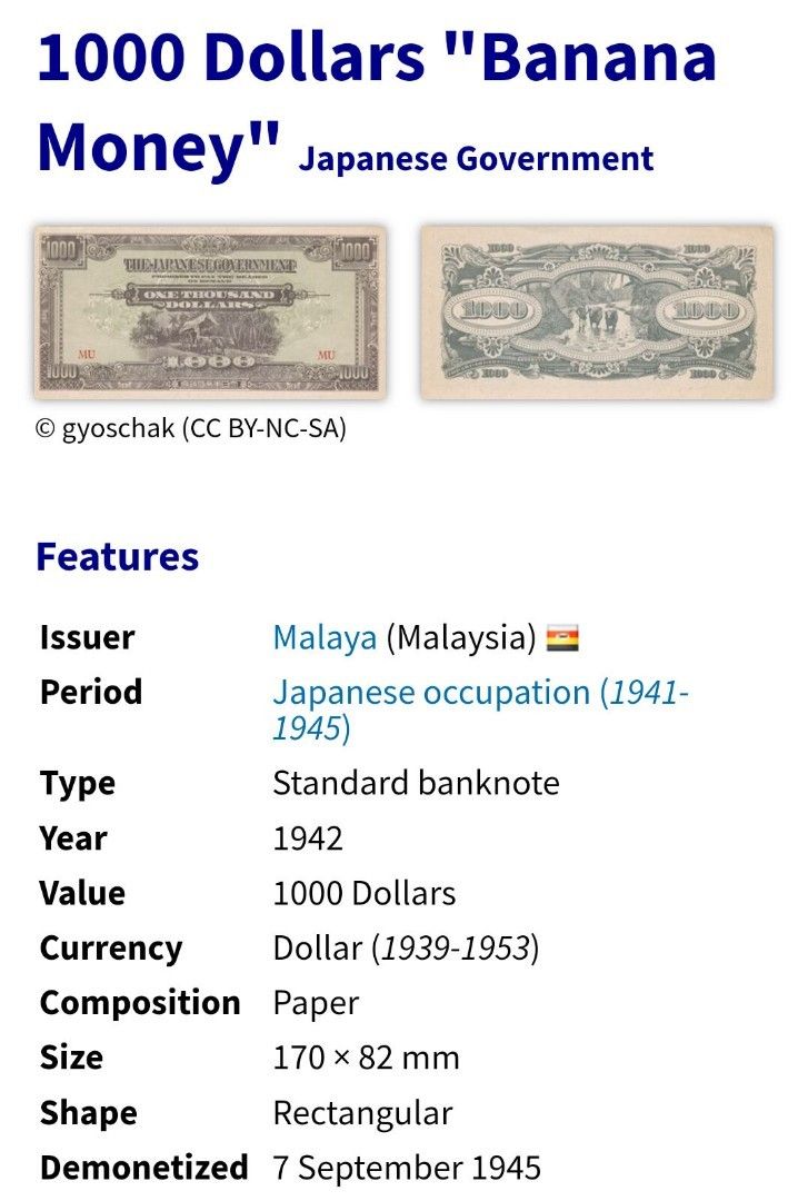 1000 Dollars Banana Money Japanese Occupation Malaya 1945 EF Condition ...