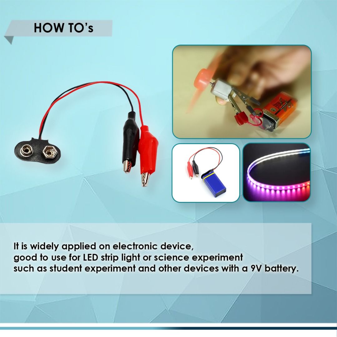 9V BATTERY SNAP CONNECTOR to ALLIGATOR CLIP 25mm, BEST FOR LED STRIP ...
