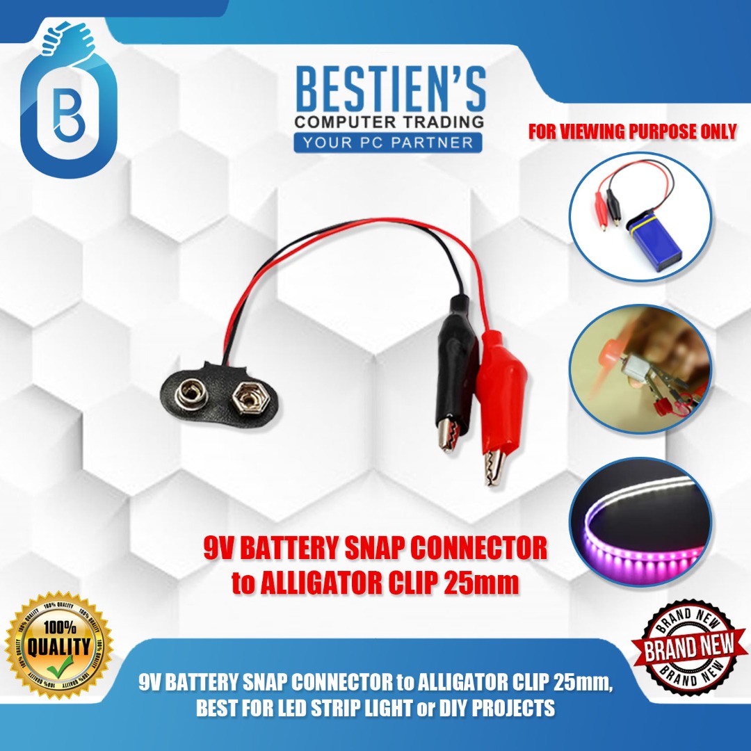 9V BATTERY SNAP CONNECTOR to ALLIGATOR CLIP 25mm, BEST FOR LED STRIP ...