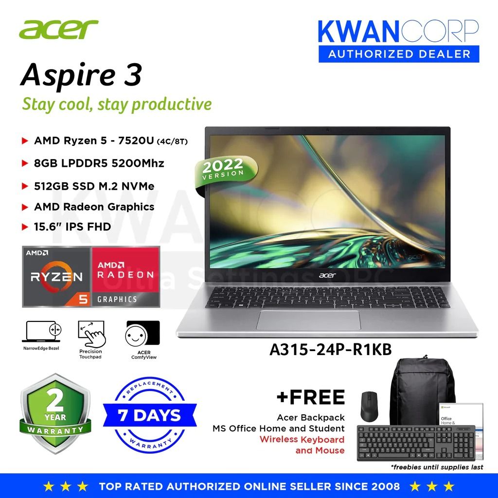 Acer Aspire 3 (2022) A315-24P-R1KB AMD Ryzen 5 - 7520U 8GB RAM AMD Radeon Graphics 512GB SSD 15. ...