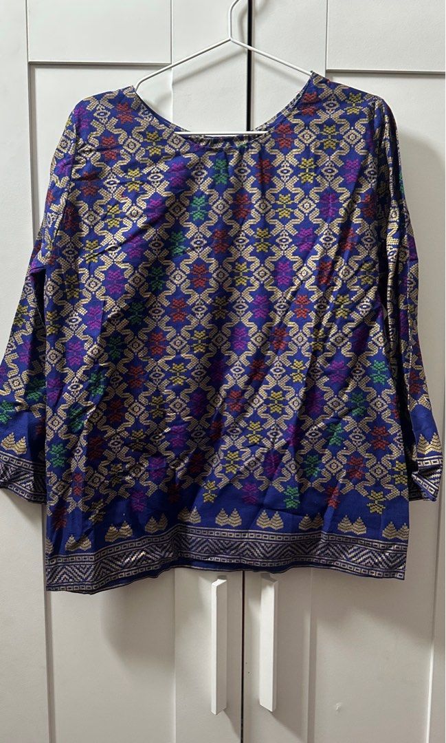 Batik Songket Blouse - Blue Baju Kurung Kedah style, Women's Fashion ...
