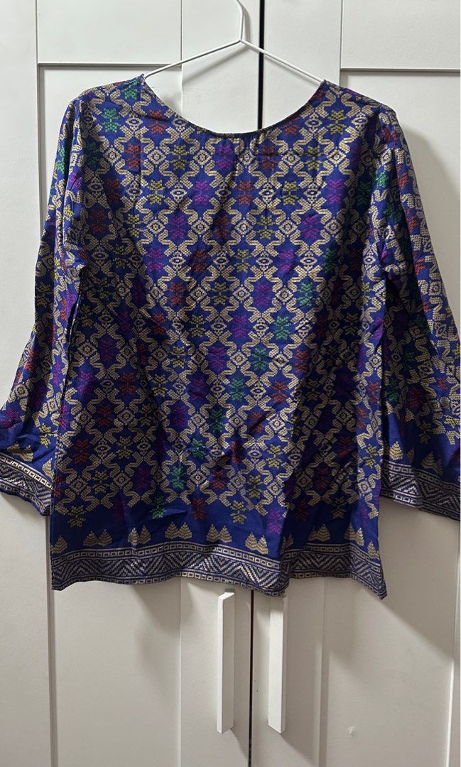 Batik Songket Blouse - Blue Baju Kurung Kedah style, Women's Fashion ...