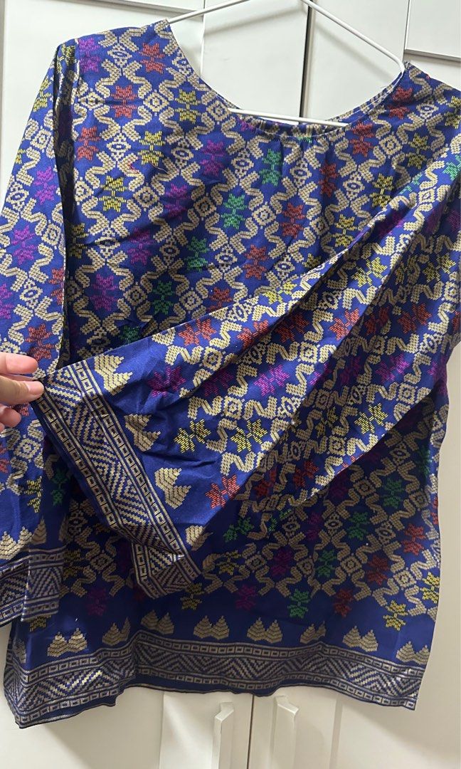 Batik Songket Blouse - Blue Baju Kurung Kedah style, Women's Fashion ...